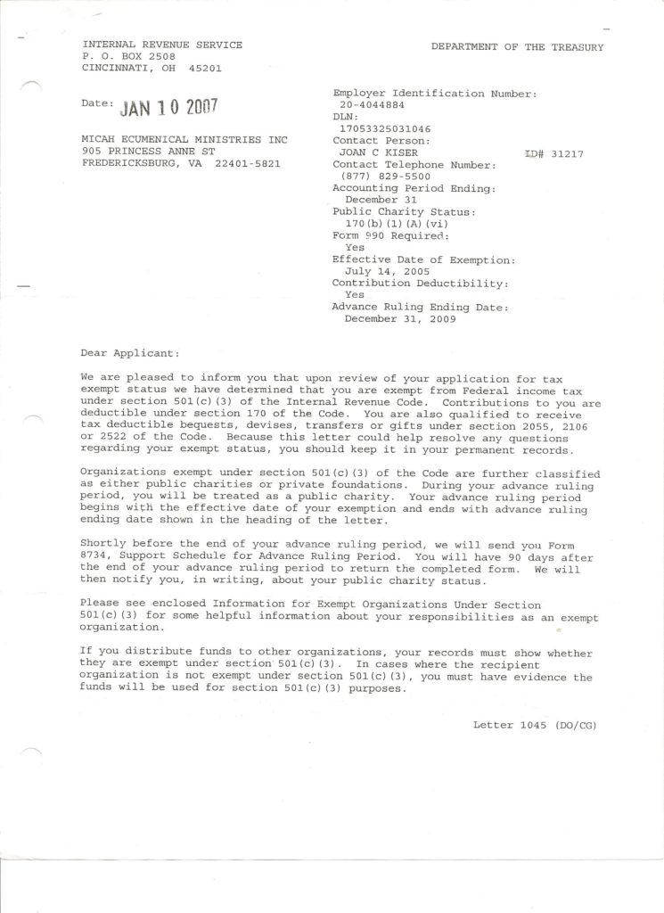 501(c)3 Designation Letter | Micah Ecumenical Ministries